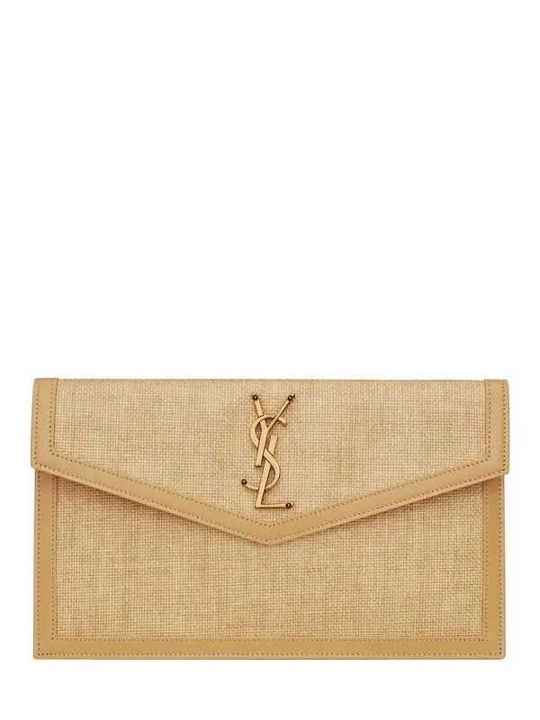 Saint Laurent Uptown Pouch In Micro Raffia - Natural Hay & Blush