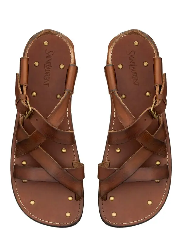 Saint Laurent Cheever Flat Sandals In Smooth Leather - Burnt Brown