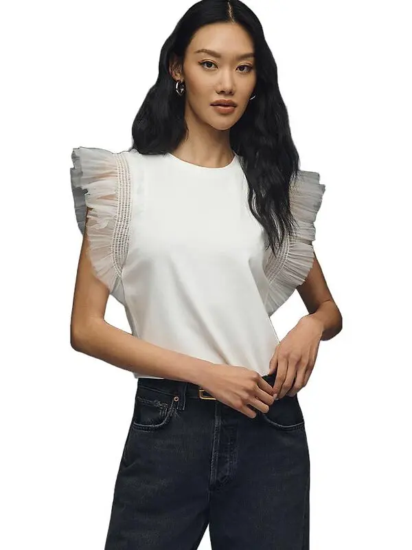 English Factory Tulle T-shirt Top With Ruffled Sleeves - Off-white