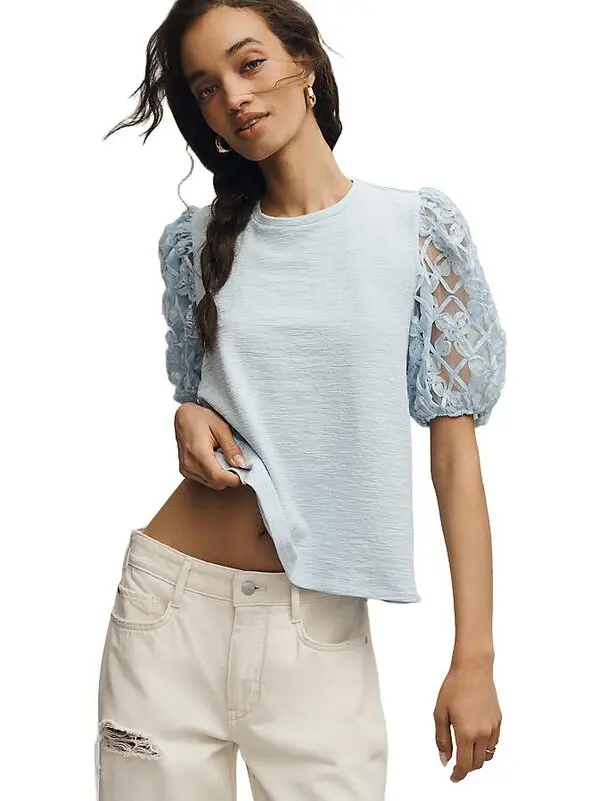 English Factory Lace Puff-sleeve Top - Soft Sea