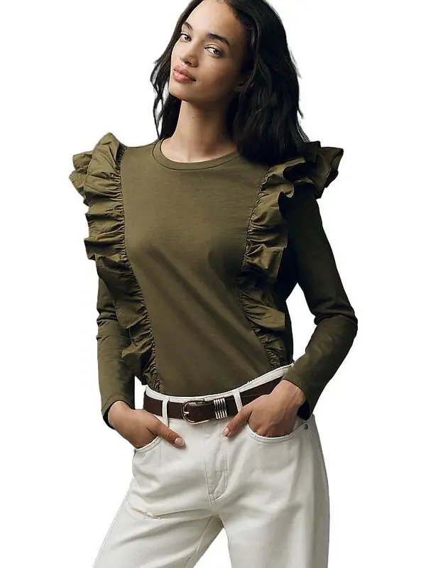 English Factory Ruffled Long Sleeve Top - Olive