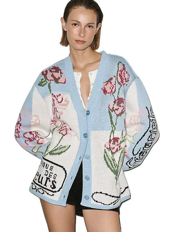Anthropologie Oversized Floral V-neck Cardigan Sweater - Pale Blue Pattern