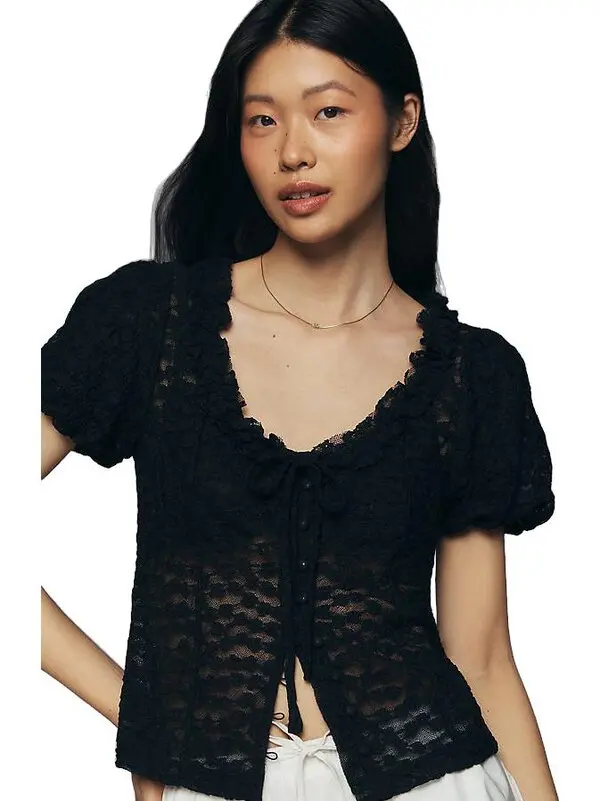 Anthropologie Sheer Lace Puff-sleeve Top - Anthracite