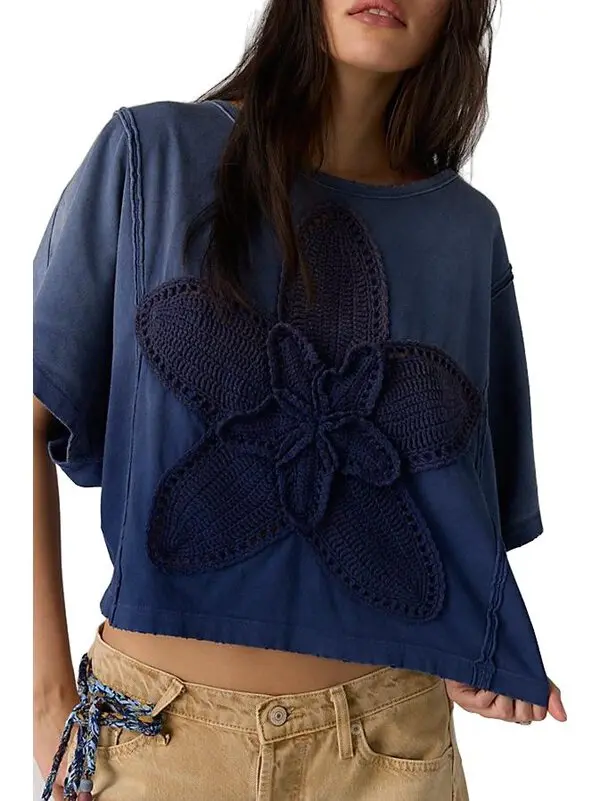 TRICIA FIX Crocheted Applique Cropped T-shirt - Navy