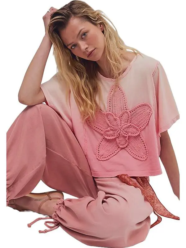 TRICIA FIX Crocheted Applique Cropped T-shirt - Petal Pink