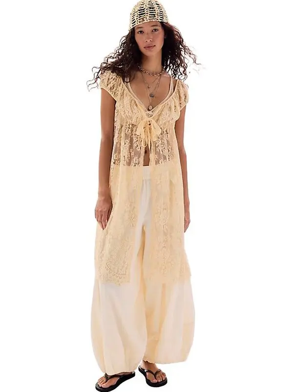 Anna Sui Lace Maxi Top With Puff Sleeves And Tie-front - Cream