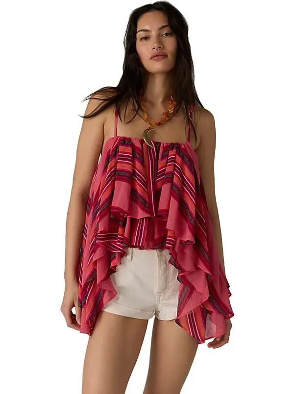 Free People Tiered Striped Spaghetti Strap Tank - Raspberry Combo