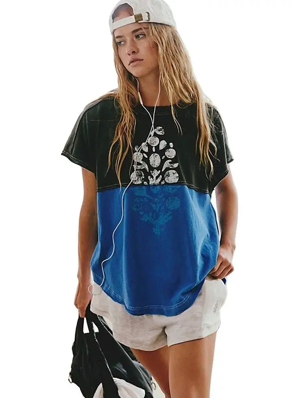 Free People Logo Swerve Splice Tee - Distressed White Buti Combo