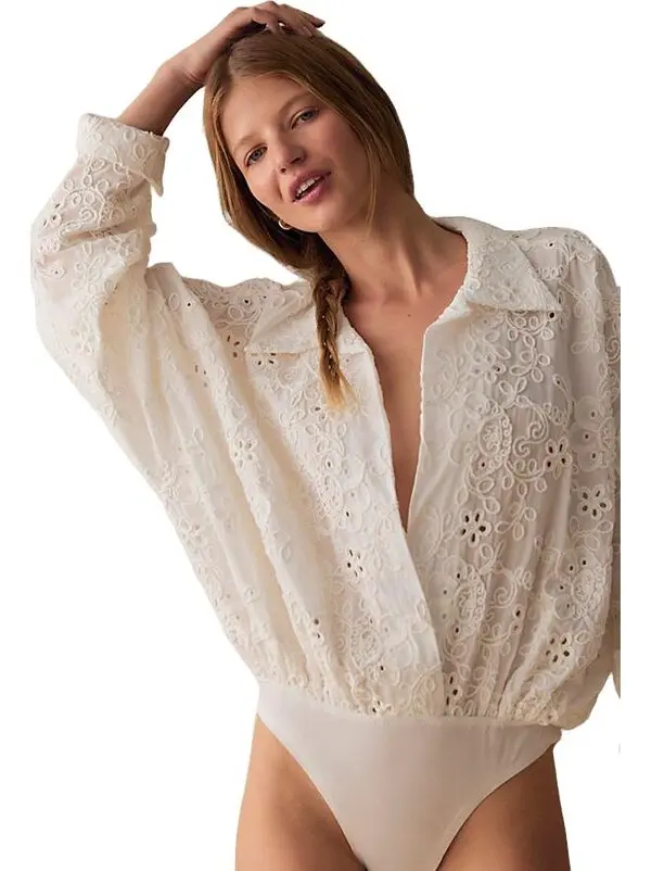 Norma Kamali Eyelet Super Oversized Boyfriend Shirt Bodysuit - Snow White