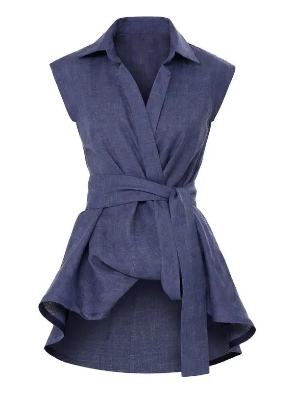 METAMORPHOZA Sleeveless Wrap Shirt In Linen Denim - Blue