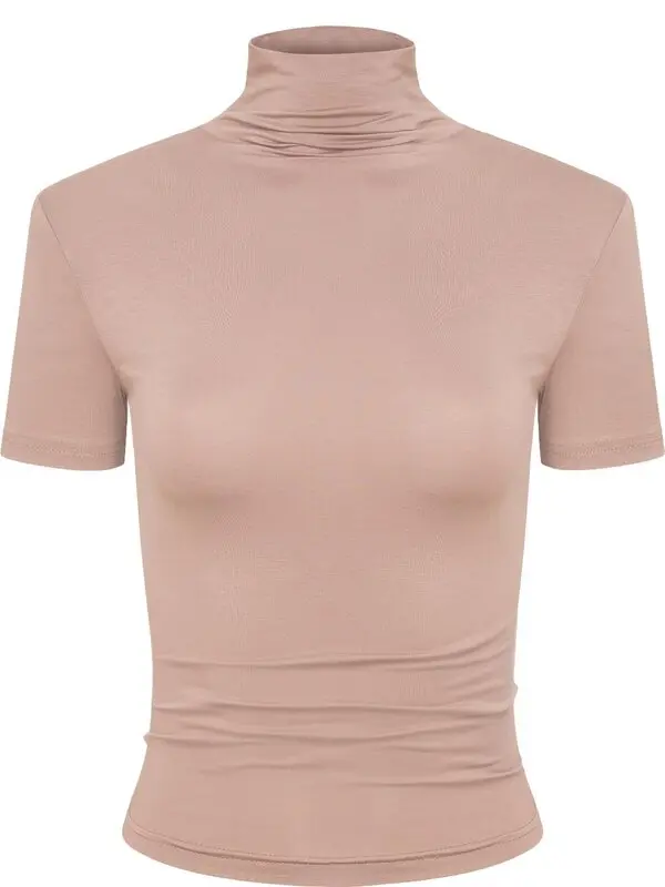 MANDRAGORA Short Sleeve Turtleneck Top - Brown
