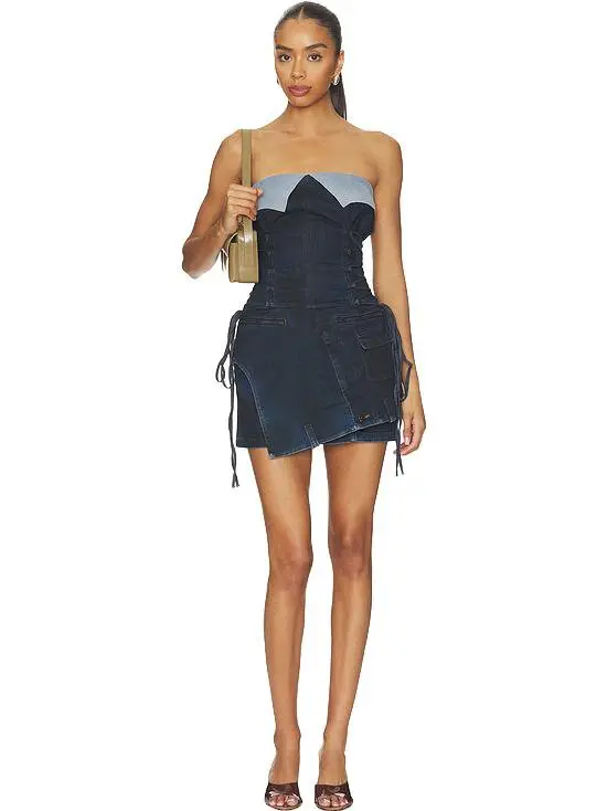 MARRKNULL Bandeau Dress With Denim Skirt - Navy