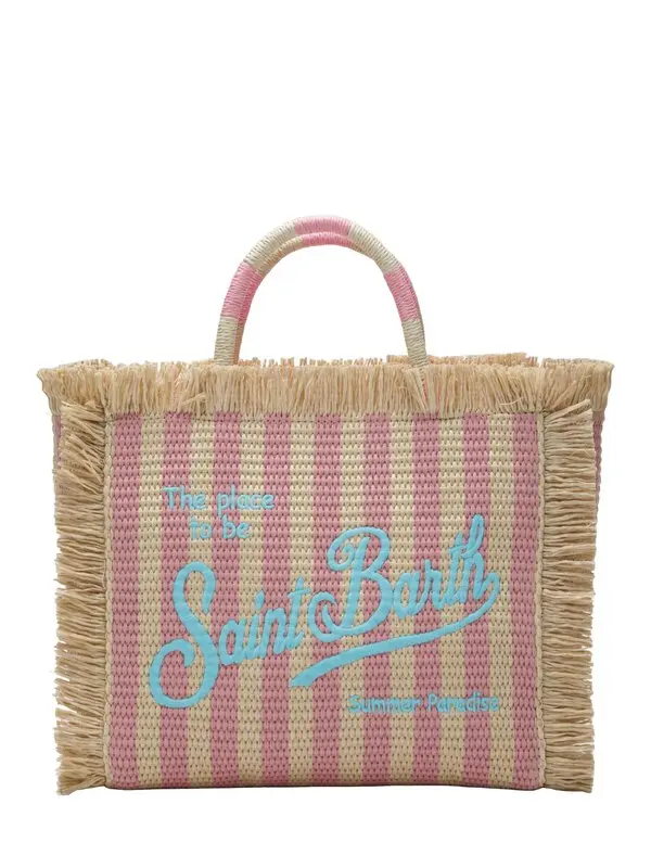 MC2 SAINT BARTH Colette Striped Straw-effect Fabric Bag With Fringe And Embroidery - Light Blue