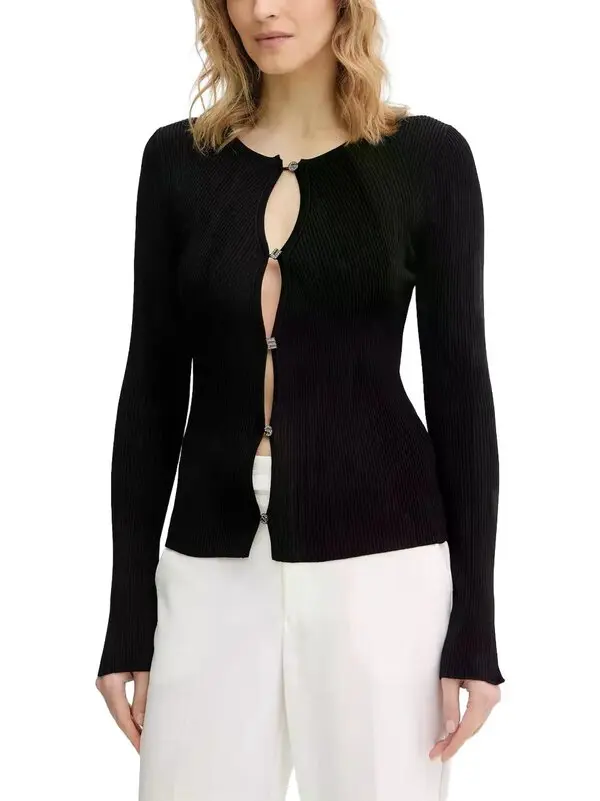 Guess Ribbed Knit Long-sleeved Cardigan With Crystal-embellished Buttons - Black
