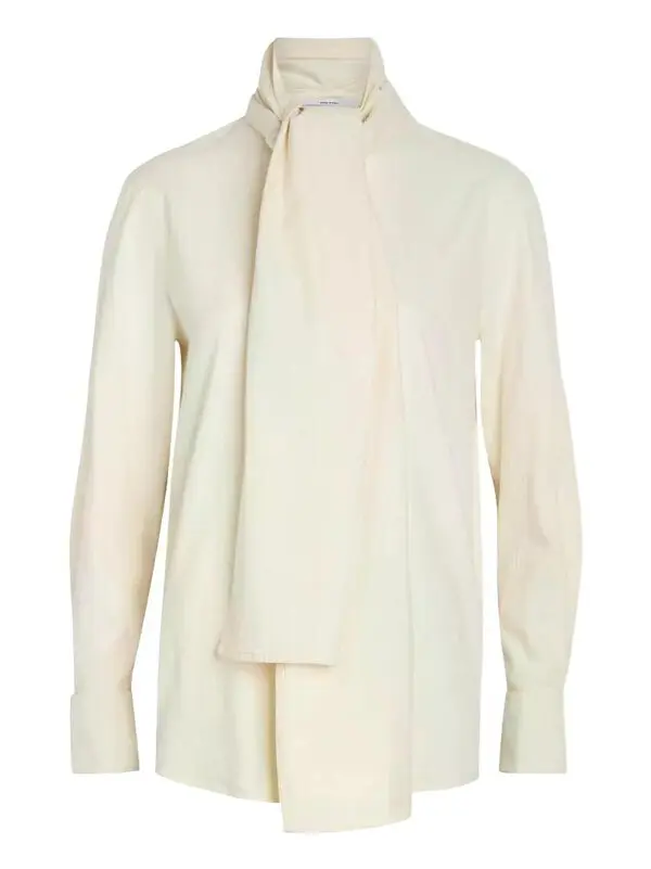 Another Tomorrow Detachable Scarf Collar Long Sleeve Blouse - Neutrals