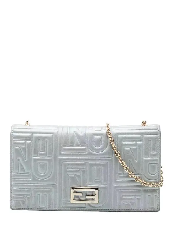 Fendi Metallic Embossed Nappa Logo Chain Clutch Crossbody Bag - Silver