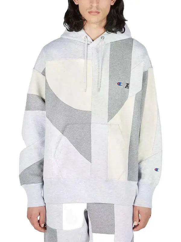 Anrealage Patchwork Embroidered Drawstring Hoodie - Grey