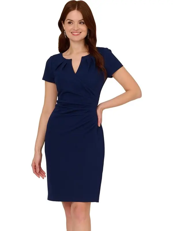 Adrianna Papell Short Sleeve Draped Midi Dress - Navy Sateen