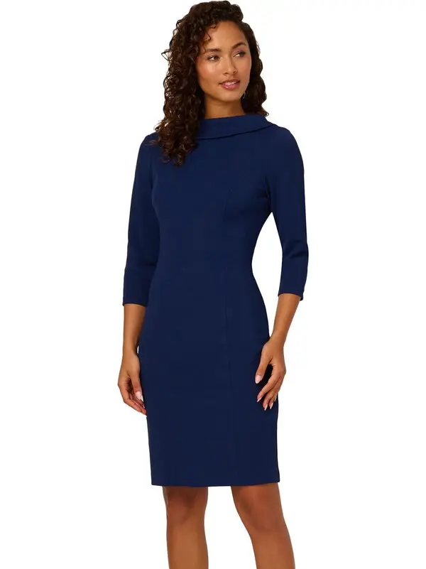 Adrianna Papell Three-quarter Sleeve Crepe Midi Dress - Navy Sateen
