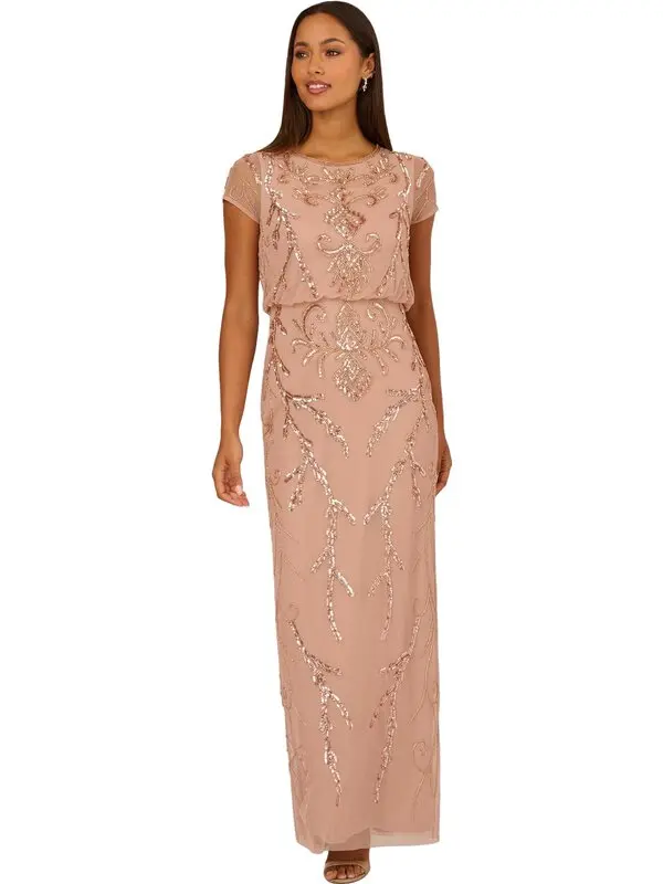 Adrianna Papell Short Sleeve Beaded Blouson Gown - Rose Gold