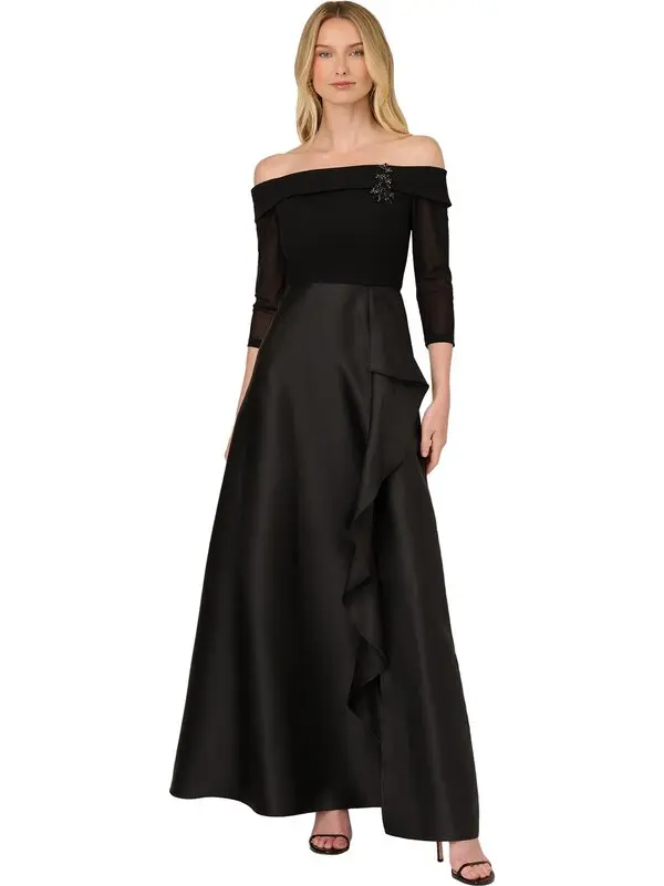Adrianna Papell Off-the-shoulder Draped Mikado Gown - Black