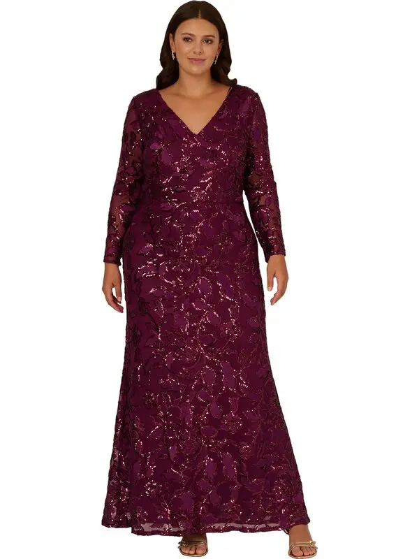 Adrianna Papell Long Sleeve Sequin Mermaid Gown - Cassis