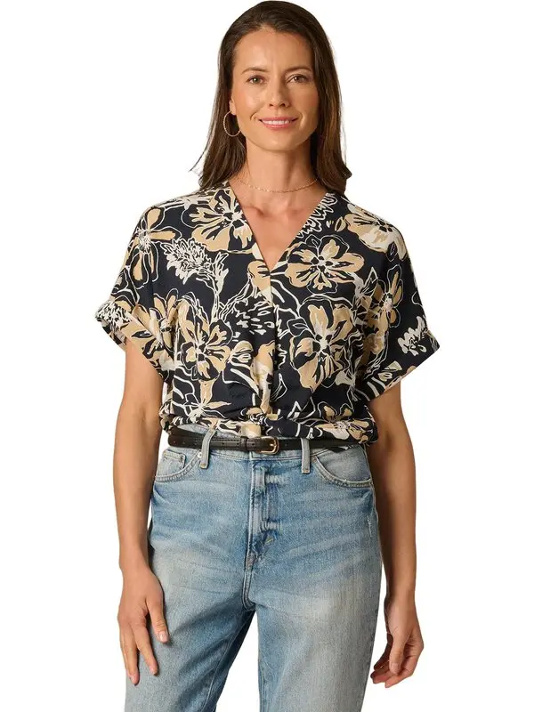 Adrianna Papell Short Sleeve Twist Front Floral Top - Navy/ivory Whimsical Floral