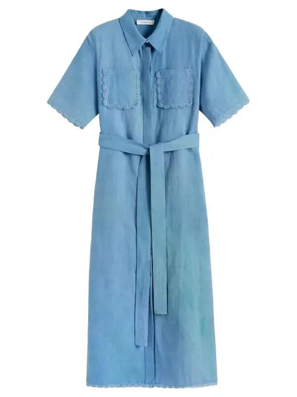 Chinti & Parker Scallop Trim Belted Shirt Midi Dress - Blue