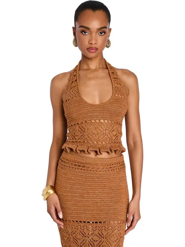 Retrofete Laurine Crochet Halter Neck Top - Metallic Rust
