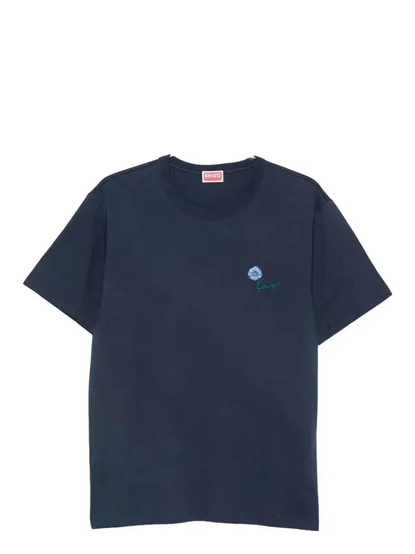 Kenzo Flower-embroidered Logo-print T-shirt - Blue