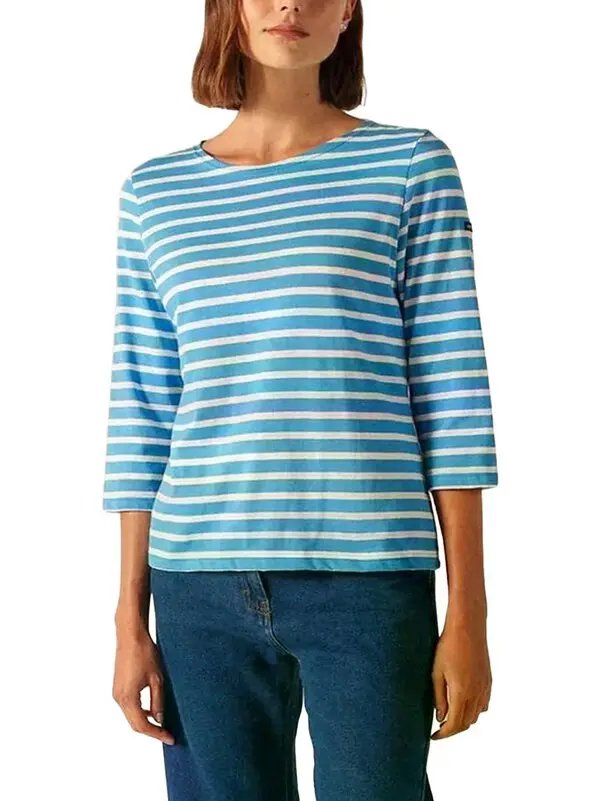 Saint James Galathee Striped Three-quarter Sleeve Boat Neck T-shirt - Blue