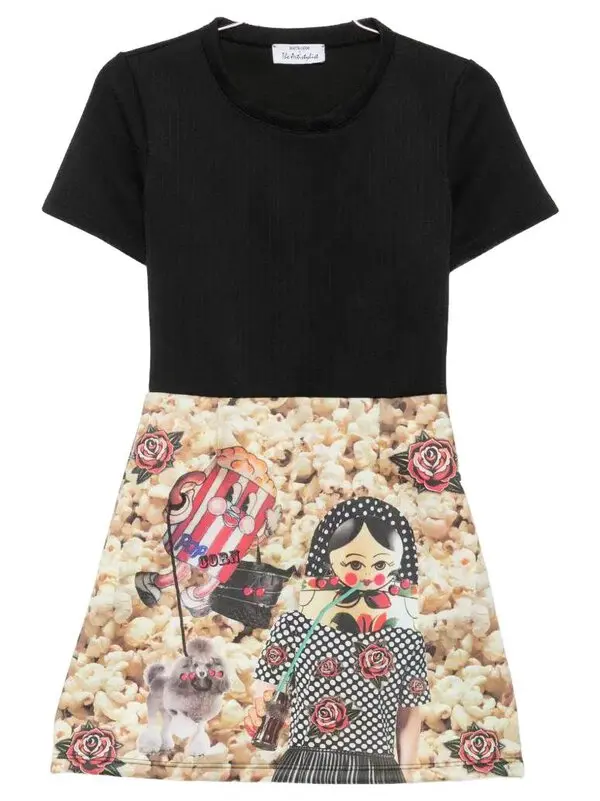 The Artistylist Popcorn Print Short Sleeve Mini Dress - Black