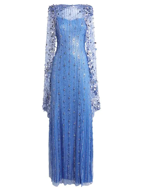 Jenny Packham Embellished Cape Gown - Blue