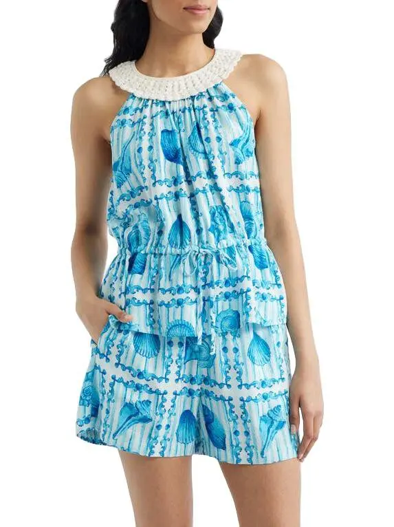 CITY BLUES Sleeveless Shell Print Top With Crochet Collar - Blue Multi