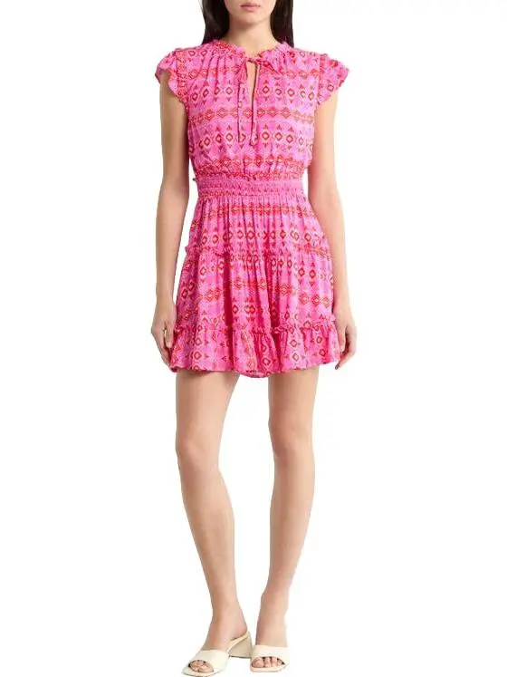 SUGARLIPS Mirany Ikat Toledo Tiered Mini Dress - Fuschia Multi
