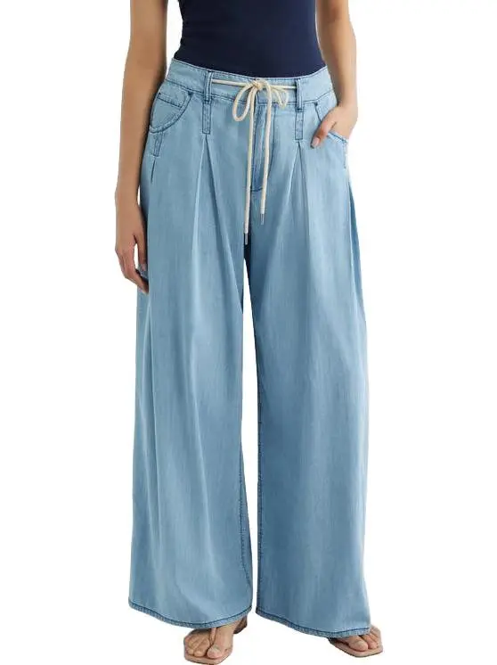 CITY BLUES Pleated Drawstring Wide Leg Denim Pants - Light Indigo