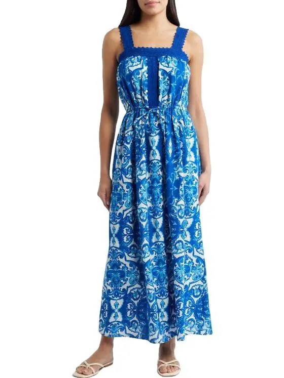 CITY BLUES Sleeveless Maxi Dress With Lacy Trim And All-over Print - Cobalt
