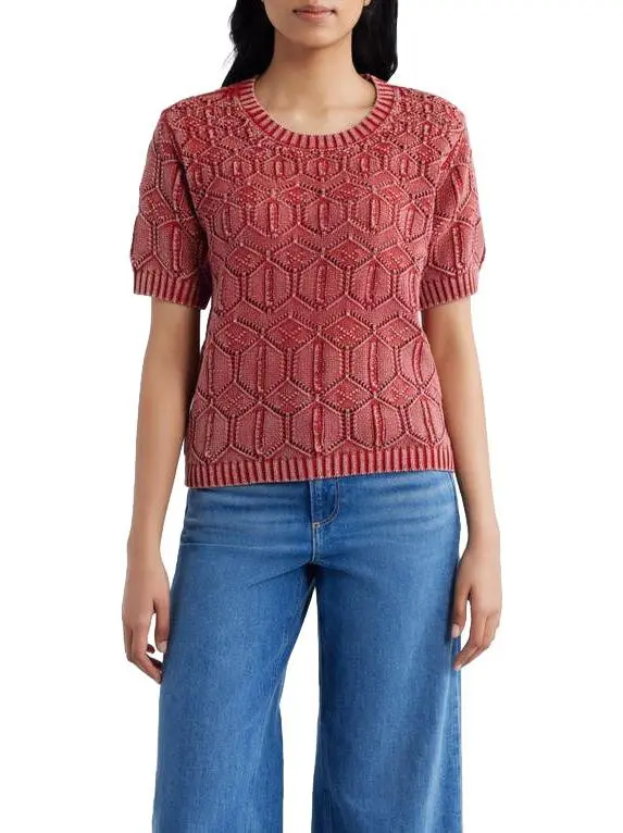 CITY BLUES Short Sleeve Distressed Sweater - Brick