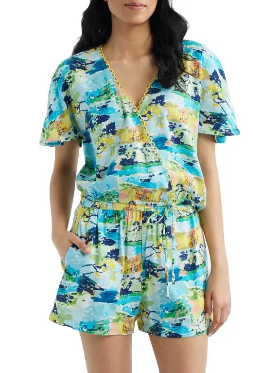 CITY BLUES Allover Print Faux Wrap Shirt With Lacy Trim - Aqua Multi