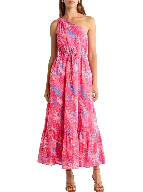 SUGARLIPS Leah Abstract Floral One Shoulder Maxi Dress - Pink-blue