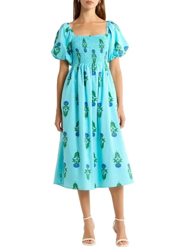 SUGARLIPS Amerna Floral Smocked Cotton Midi Dress - Blue Green