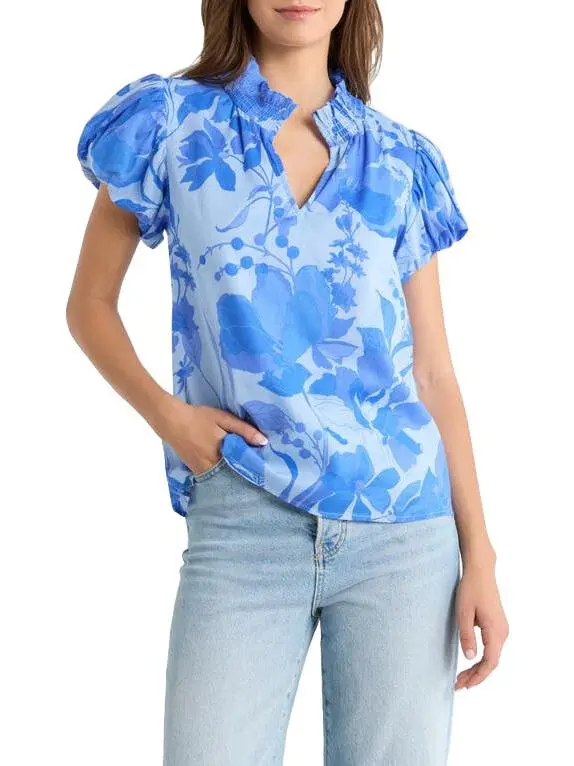 SUGARLIPS Floral Puff Sleeve Cotton Top - Light Blue