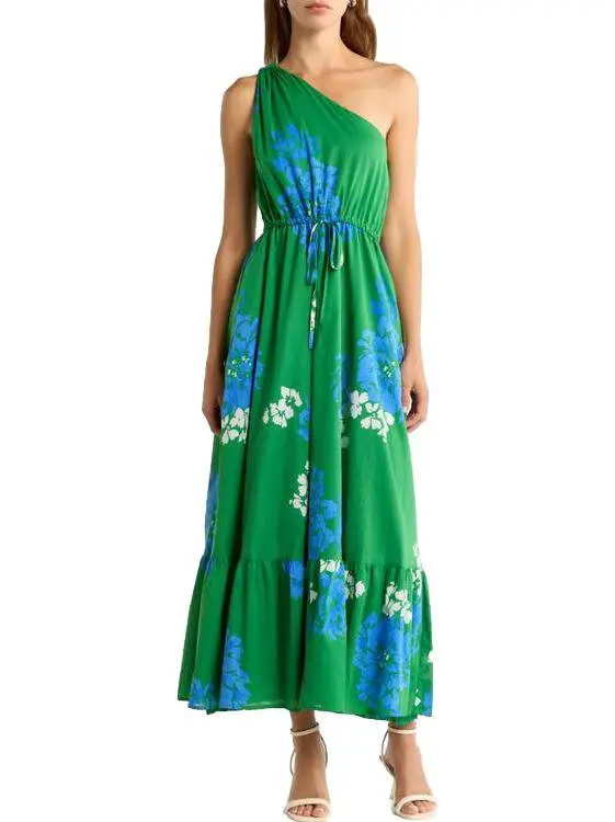 SUGARLIPS Floral Print One-shoulder Maxi Dress - Green-blue-white