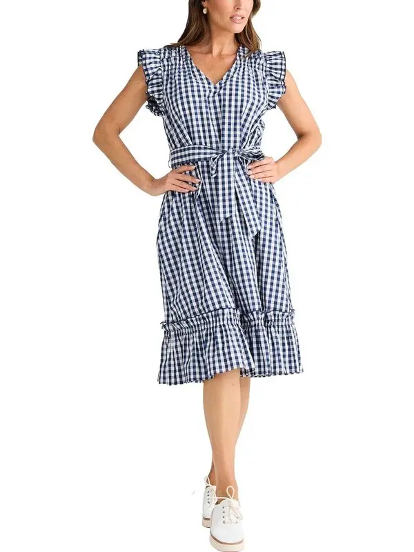 BRAVE+TRUE Gingham Check Ruffle Midi Dress With Tie Belt - Navy Gingham