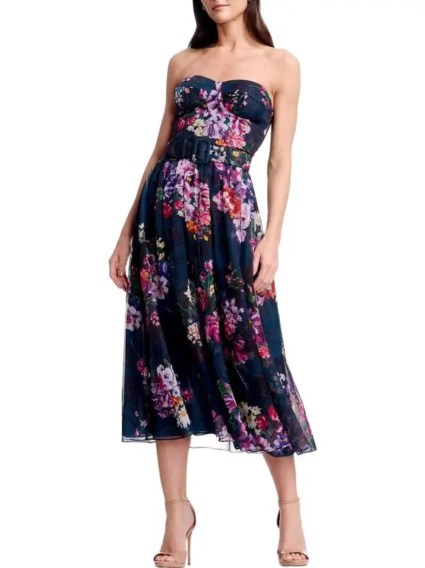 Dress The Population Jenny Floral Strapless Fit & Flare Cocktail Dress - Peacock Blue Multi