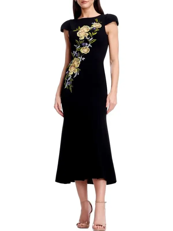 Dress The Population Sheryl Floral Appliqué Midi Cocktail Dress - Black Multi