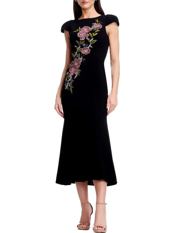Dress The Population Sheryl Floral Appliqué Midi Cocktail Dress - Black Multi