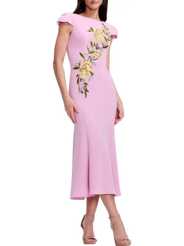 Dress The Population Sheryl Floral Appliqué Midi Cocktail Dress - Lavender Multi