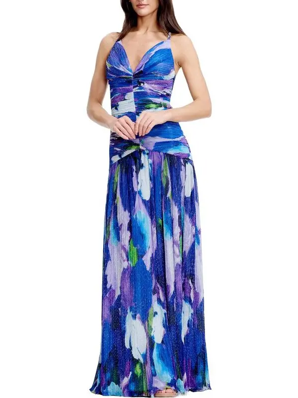 Dress The Population Elora Metallic Floral Gown - Electric Blue Multi
