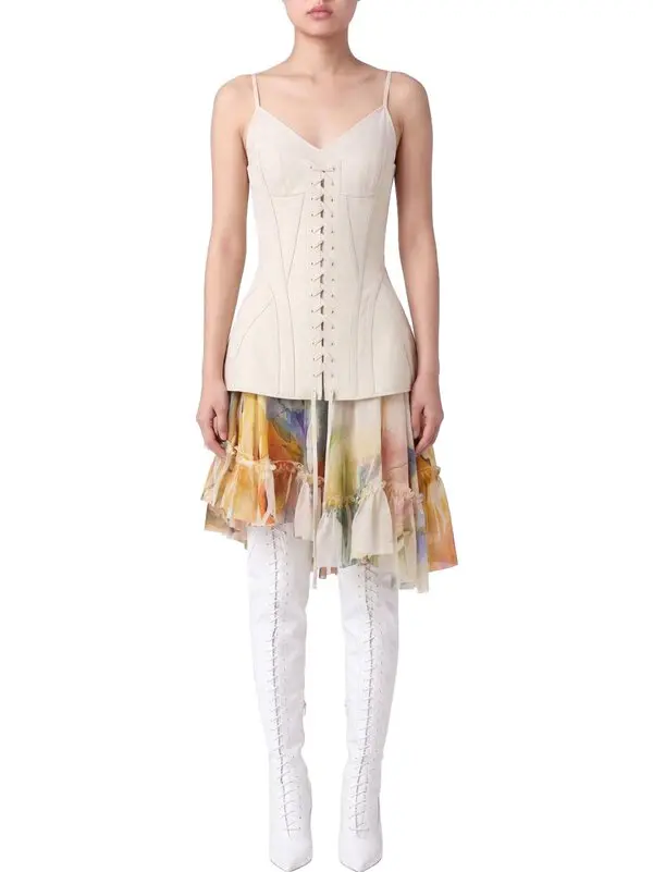 Alexander McQueen Corset Dress With Printed Ruffle Skirt - White